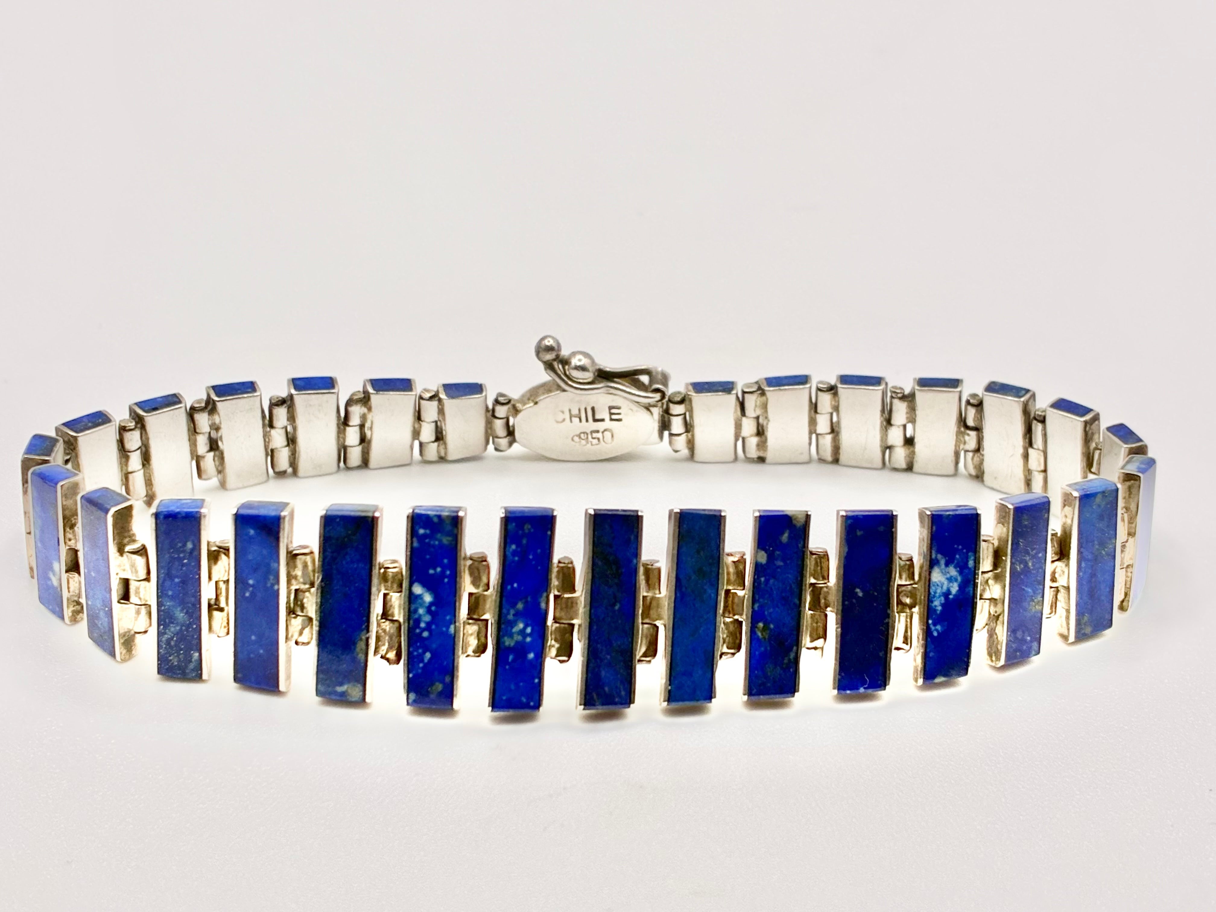 Chile 950 Silver Blue Inlay Panel Bracelet – 7.5" – GemQuestCo